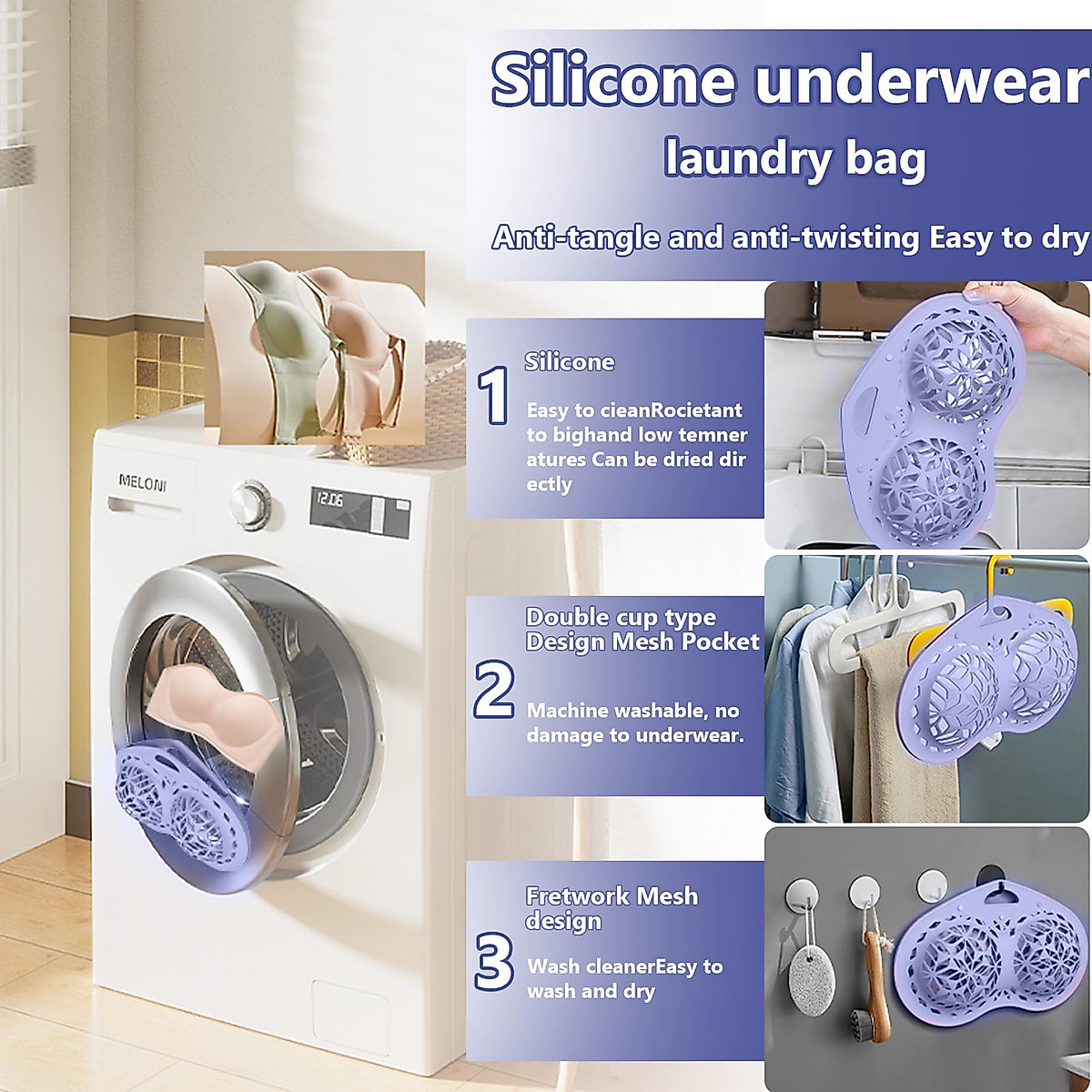 Silicone Bra Washing Bag Anti Deformation Bra Bags for Laundry Flexible Lingerie Bags with Snap Button for Washing Delicates Bra Washer Protector 15 X9.7 Inch Purple Storage Items