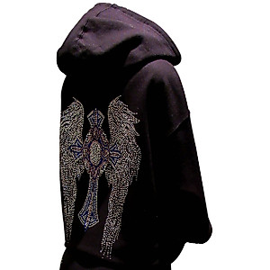 Multicolor Rhinestone Cross and Angel Wings Black Zipper Hoodie(XL)
