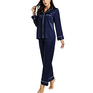 Womens Silk Satin Pajamas Set Sleepwear Loungewear Navyblue L