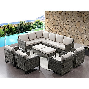 HUMMUH 9 Piece Patio Furniture All Weather 6-Seater Outdoor Sectional Sofa with Patio Swivel Chairs and Outdoor Chairs Ottomans for Porch,Garden,Backyard,Deck