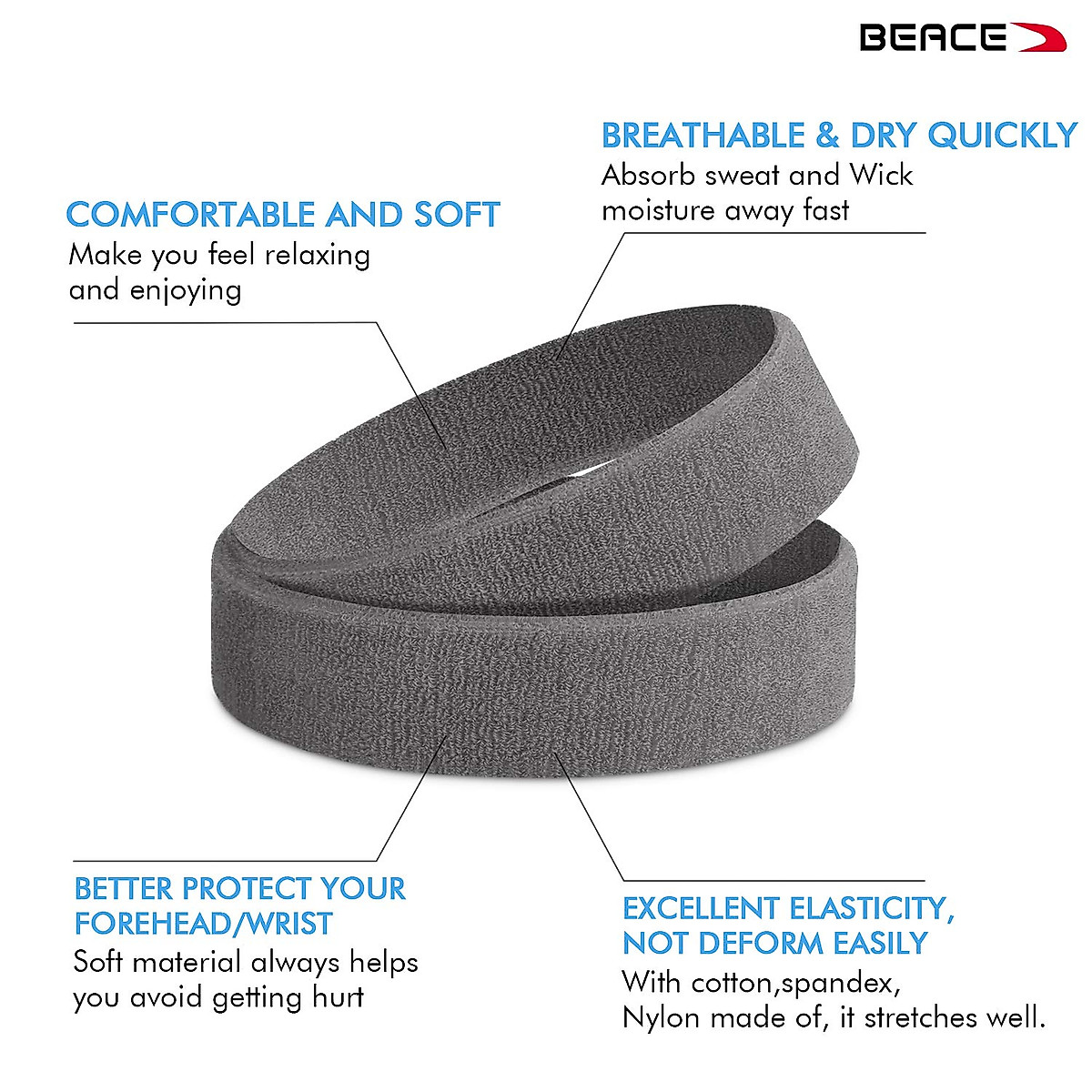 BEACE Sweatbands Sports Headband for Men & Women - 6PCS Moisture Wicking Athletic Cotton Terry Cloth Sweatband for Tennis, Basketball, Running, Gym, Working Out