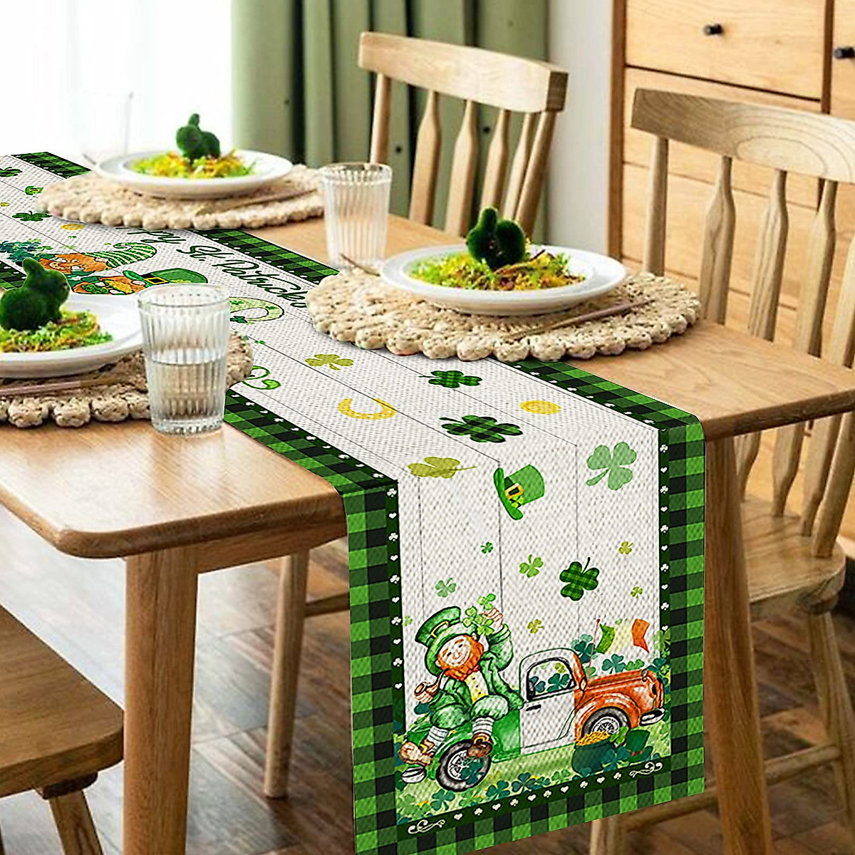 St Patricks Day Table Runner 72 Inch Long, St Patricks Leprechaun Gnomes Table Runner, Shamrocks Green Truck Decorations for Home Dining Room