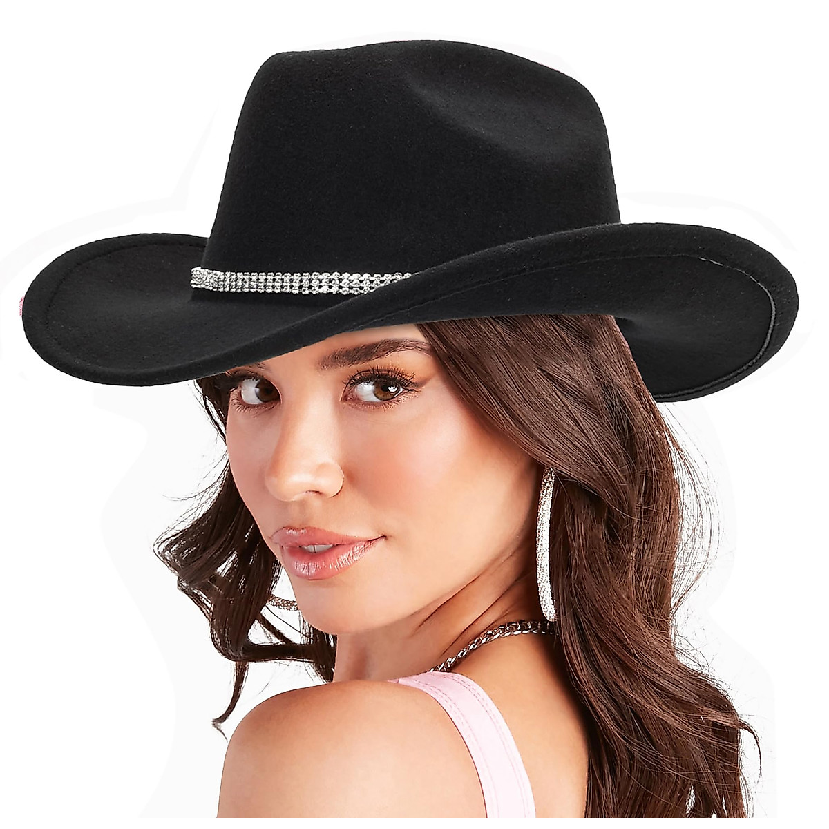 Women & Men Felt Western Cowboy Hat Classic Roll Up Brim Belt Buckle Cowgirl Fedoras (M-L)
