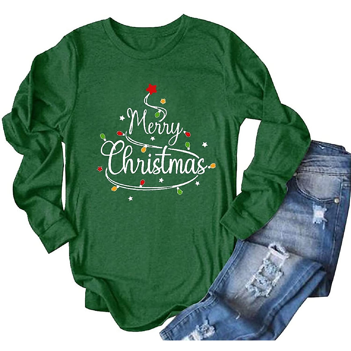 FASHGL Christmas Shirt Women Merry and Bright Pullover Christmas Lights Graphic T Shirts Xmas Long Sleeves Tops Green