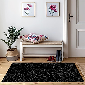 Entryway Rugs Black Topographic Map Non-Slip Washable Indoor Door Mat 2x3 Faux Wool Non-Slip Washable Low-Pile Floor Carpet for Indoor Front Entrance Kitchen Bathroom