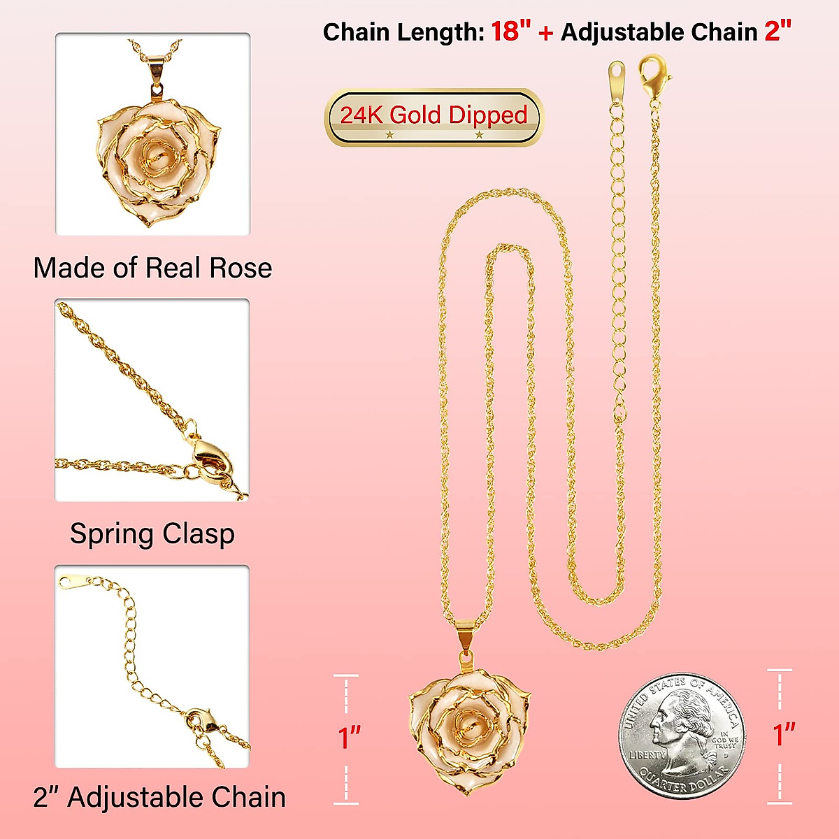 AliveRose Gold Dipped Necklace Gifts for Women, 24K Gold Real Rose Pendant Necklace Mothers Day Anniversaries Birthday Christmas Gifts for Her (Ivory)