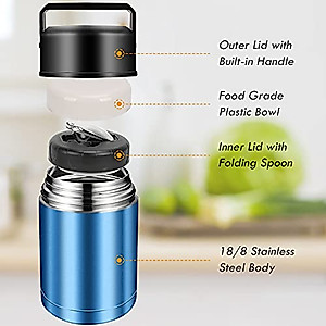 SSAWcasa Food Thermos,34oz Soup Thermos for Hot Food,Insulated Food Container,Wide Mouth Lunch Thermos Food Jar with Spoon,Leak Proof Stainless Steel Vacuum Thermal Bento Box Flask for Adult (Blue)