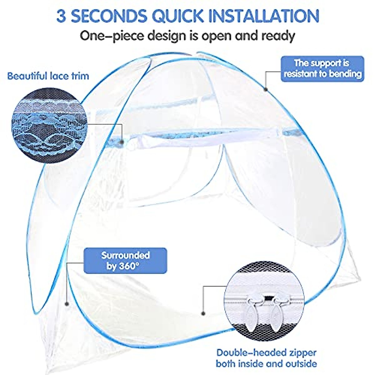 Tatuo Mosquito Net for Bed Portable Folding Net Bed with Bottom Pop up Mosquito Net Tent for Indoor and Outdoor Use Mosquito Netting for Adults Trip Camping Travel Home(78.7 x 70.8 x 59 Inch)