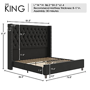 PaPaJet King Size Bed Frame 61.4" Tall Headboard Upholstered Velvet Platform Bed with Handmade Deep Button Tufted/No Box Spring Required/Black