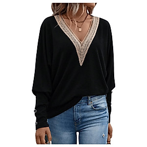 GORGLITTER Women's Guipure Lace Long Sleeve Sweatshirt V Neck Casual Pullover Tops Black Medium