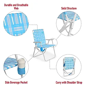 SunnyFeel 15" Tall Folding Webbed Lawn Beach Chair for Adults 2 Pack, Oversized Portable High Seat Sand Chair Heavy Duty 300 LBS, Foldable Camping Chairs for Camp/Outdoor/Picnic/Concert/Sports