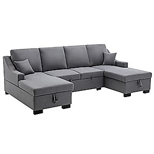 HABITRIO Sectional Sofa Bed, U Shape Sofa Bed, Pull Out Sleeper Sofa Bed with Pulley, Sofa with Two Storage Chaise, for Living Room Furniture Sofa, 2 Tossing Cushions, Gray