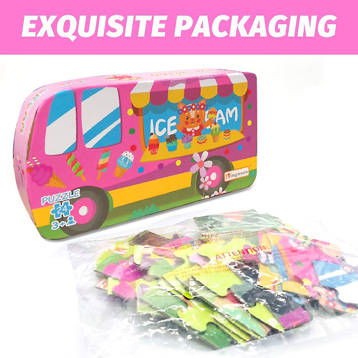 Puzzles for Kids Ages 3-5 24 Pieces Large Ice Cream Truck Kids Jigsaw Puzzles, Professional Preschool Toy Puzzles for Toddlers Boys and Girls –16''x12'' with Storage Box