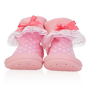 Nuby Snekz Comfortable Rubber Sole Sock Shoes for First Steps- Pink Polka Dots/Large 22-30 Months