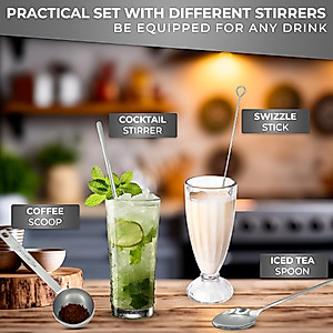 Stainless Steel Coffee Spoons - Beverage Mixing Spoons - Includes Long Iced Tea Stirring Spoon, Small Cocktail Stirrer, Blender Ball Swivel Stick, Coffee Scoop & Bag