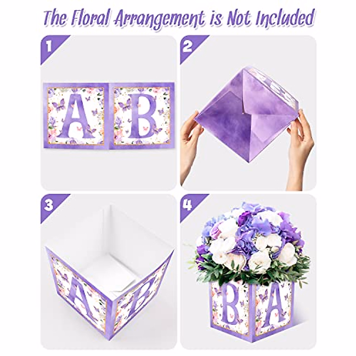 Levfla Purple Butterfly Baby Centerpiece Boxes with Butterfly Cutouts, Party Floral Arrangement, Baby Shower Table Decoration without Flowers, Set of 4 Blocks & 8 PCS Butterfly Cardstocks