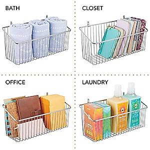 mDesign Portable Metal Farmhouse Wall Decor Angled Storage Organizer Basket Bin for Hanging in Entryway, Mudroom, Bedroom, Bathroom, Laundry Room - Wall Mount Hooks Included, Large - Chrome