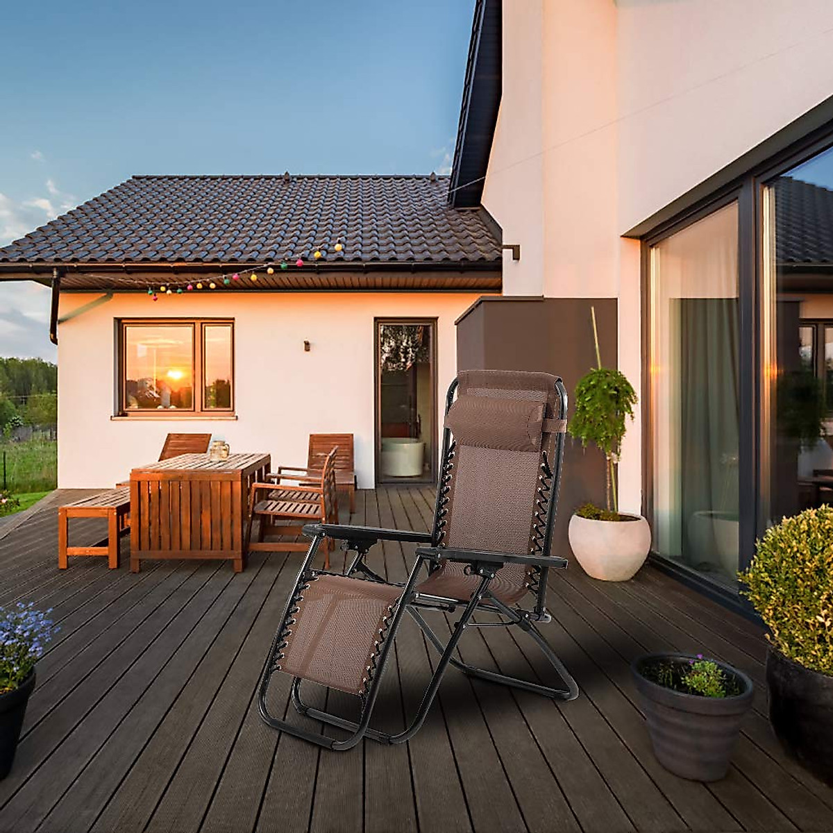 FDW Zero Gravity Chairs Set of 2 Lounge Patio Chairs Outdoor Yard Beach (Brown)