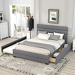 Oudiec Queen Upholstered Platform Bed with Trundle and Two Drawers,Solid Pinewood Bedframe for Boys/Girls/Adult,No Box Spring Needed,Gray