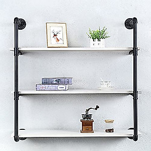 Industrial Pipe Shelving Wall Mounted,36in Rustic Metal Floating Shelves,Steampunk Real Wood Book Shelves,Wall Shelf Unit Bookshelf Hanging Wall Shelves,Farmhouse Kitchen Bar Shelving(3 Tier)