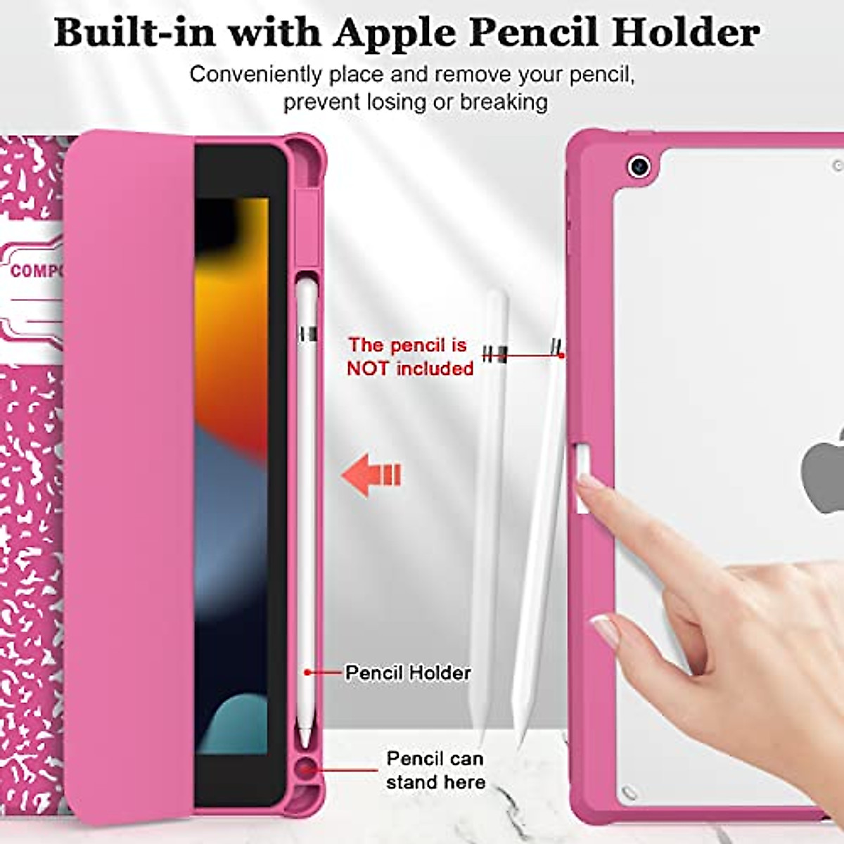 OKP for iPad 9th/8th/7th Generation Case (2021/2020/2019), iPad 10.2 inch Cases with Trifold Stand, Slim ipad 9/8/7 Cover with Pencil Holder for Kids Women Men, Clear Back Shell, Composition Book Pink