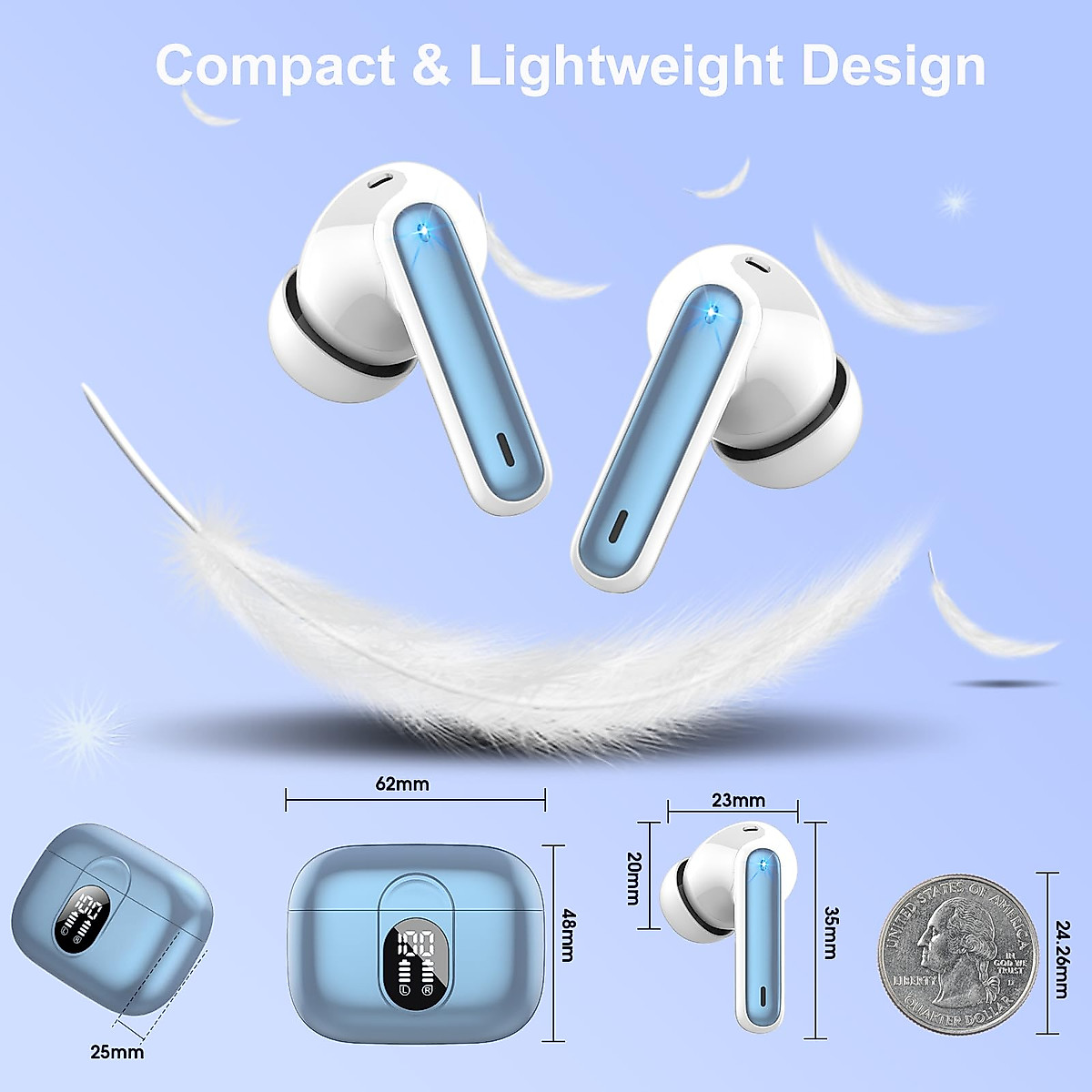 Wireless Earbuds 2024 Bluetooth 5.3 Headphones HiFi Stereo, 40H Playtime in-Ear Earbud, Bluetooth Earbuds with LED Power Display, IP7 Waterproof Wireless Earphones Sport Headset for Android iOS