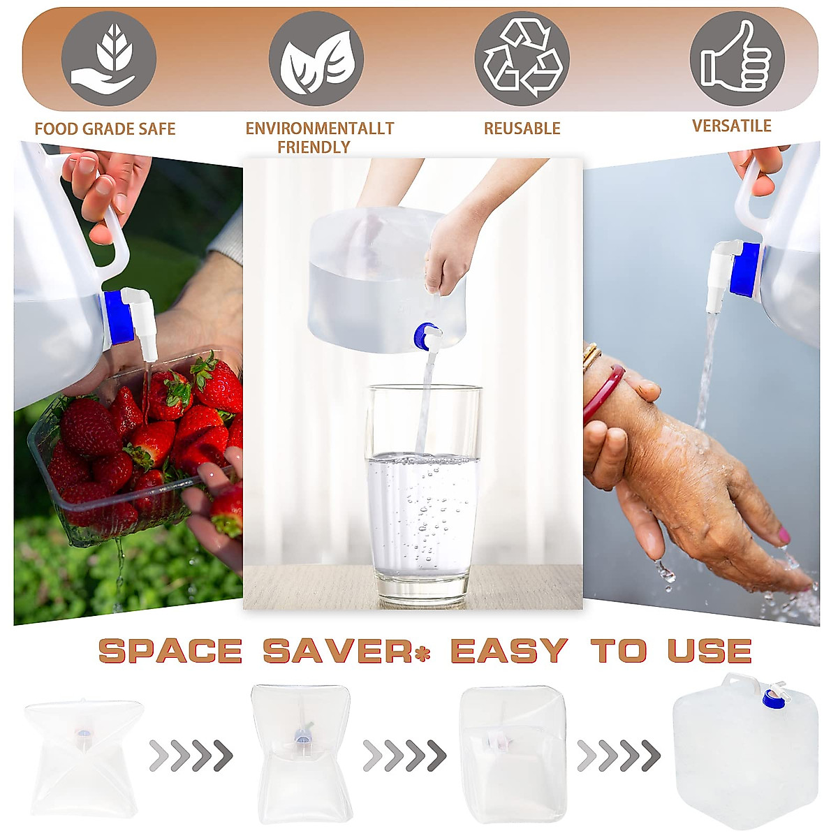 MAKACTUA Water Bag Water Container with 2pc Spigot, BPA Free Foldable Water Storage Cube for Hiking, Camping, Driking, Outdoors,indoors,Emergency 2.6/3.96/5.3 Gallon