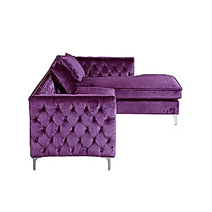Iconic Home Da Vinci Velvet Modern Contemporary Button Tufted with Silver Nailhead Trim Silvertone Metal Y-Leg Right Facing Sectional Sofa, Purple