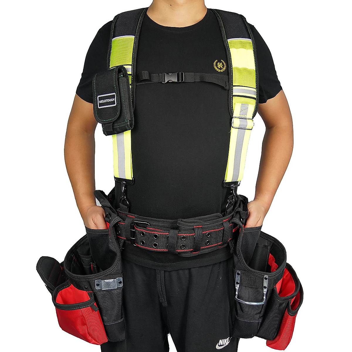 MELOTOUGH Reflective Safety Suspenders Tool Belt Suspenders Construction Work Suspenders with detachable phone holder comfortable foam shoulder padder (Lime)