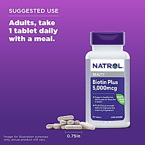 Natrol Beauty Biotin Plus Lutein 5,000 mcg, Dietary Supplement to Support Healthy Hair, Skin and Nails, 60 Beauty Tablets for Adults, 60 Day Supply