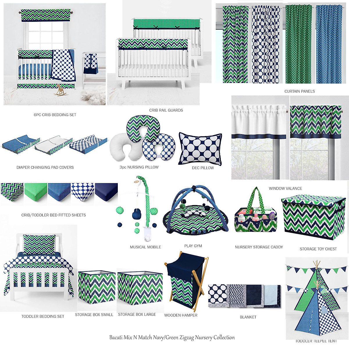 Bacati - 2 Pack Crib Fitted Sheets - Mix and Match Ikat Zigzag Chevron Soft Breathable 100% Cotton Percale Baby Sheets - Fits Standard 28 x 52 X 5 inches Crib & Toddler Mattresses(Navy Green)