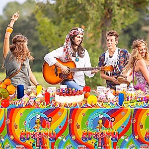 3 Pieces Plastic Groovy Tablecloths Retro Hippie Table Covers for Rectangle Table, Disposable Rainbow Party Decorations for 60s 70s Boho Themed Birthday Baby Shower Carnival Party (Tie Dye Style)