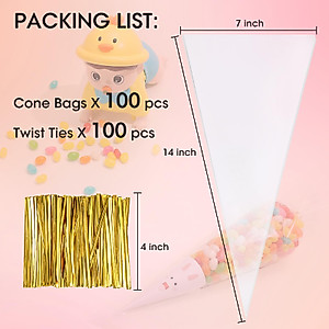 Cone Shaped Treat Bags, 100 Pcs Clear Popcorn Bags Bulk 7x15 In Cellophane Treat Bags with Twist Ties Small Triangle Plastic Cone Bags for Gift Giving Individual Servings Party Favor Candy Snack Wraps