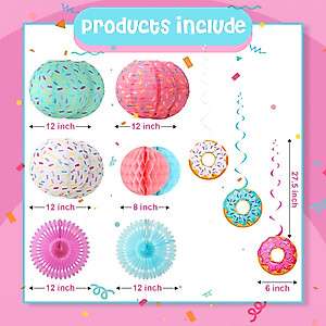 20 Pcs Donut Birthday Party Decorations, 8 Pcs Donut Lanterns Sprinkle Hanging Paper Lanterns, Honeycomb Ball, 2 Pcs Party Paper Fans, 10 Pcs Donut Hanging Swirl for Baby Shower Ice Cream Party
