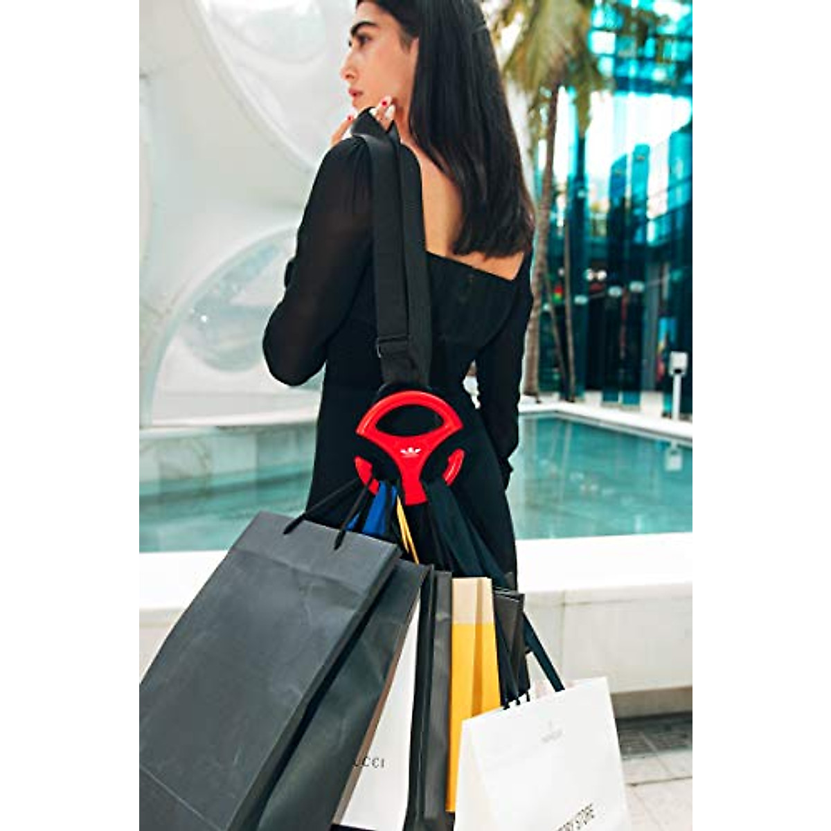 Combigrip Red Grocery Bag Handle Shopping Bag Carrier holds up to 300lbs Hands Free Concept Including Shoulder Strap For Safe Carrying with Dual Hooks and Comfortable Grip