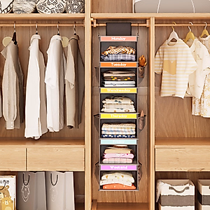 Fixwal 2 Pack 6-Shelf Weekly Clothes Organizer for Kids, Kids Daily Shelf Hanging Closet Organizer with 6 Side Pockets, Days of The Week Hanging Storage Shelves (Dark Grey)