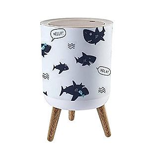 Small Trash Can with Lid Cute Shark Kids t Shirt Wood Legs Press Cover Garbage Bin Round Simple Human Waste Bin Wastebasket for Kitchen Bathroom Office, 8.67x14.3inch