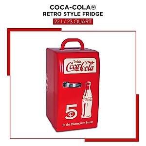 Coca-Cola Retro 18 Can Mini Fridge w/ 12V DC and 110V AC Cords, 22L (23 qt), Portable Cooler, Red, Travel Fridge for Drinks, Snacks, Lunch, Home, Office, Dorm Room, RV