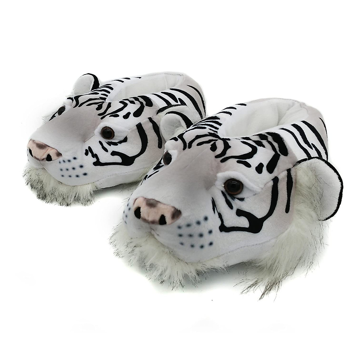 Onmygogo Fuzzy Winter Animal Tiger Slippers for Men Women Adult and Kids, Novelty slippers for Halloween Christmas(7-9, white tiger)
