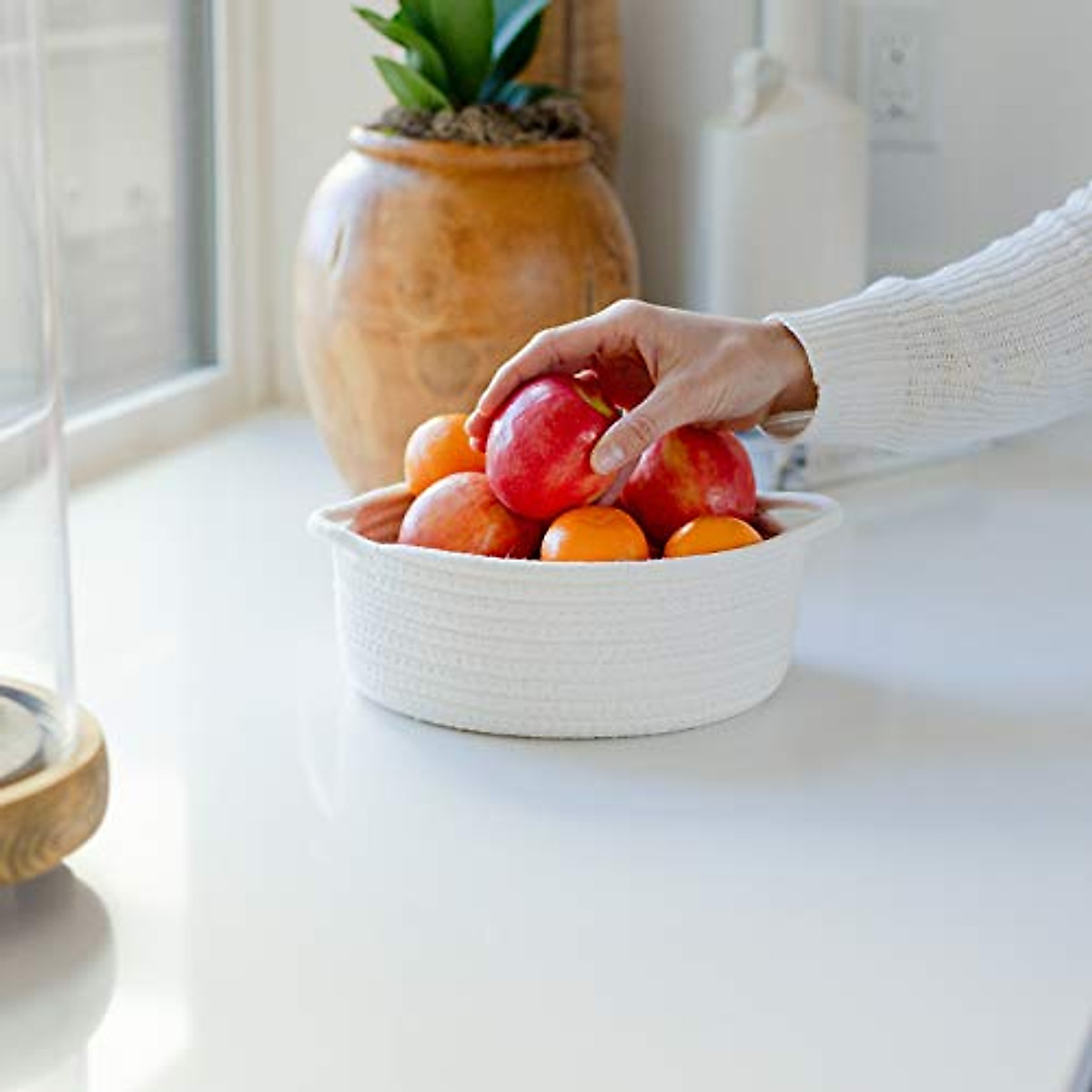 NaturalCozy 5-Piece Round Small Woven Baskets Set - 100% Natural Cotton Rope Baskets! Key Tray, Kids Montessori Toys, Bowl for Entryway, Jewelry Remote Fruits Desk Home Decor Shallow Catchall Baskets