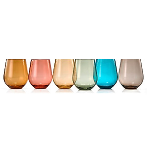 European Style Shatterproof Tritan Stemless Wine Glasses, Acrylic Glass Drinkware, Unbreakable Colored, 6 - Set - BPA-free plastic, Reusable, Dishwasher Safe, All Purpose Glassware 15oz - (Muted)