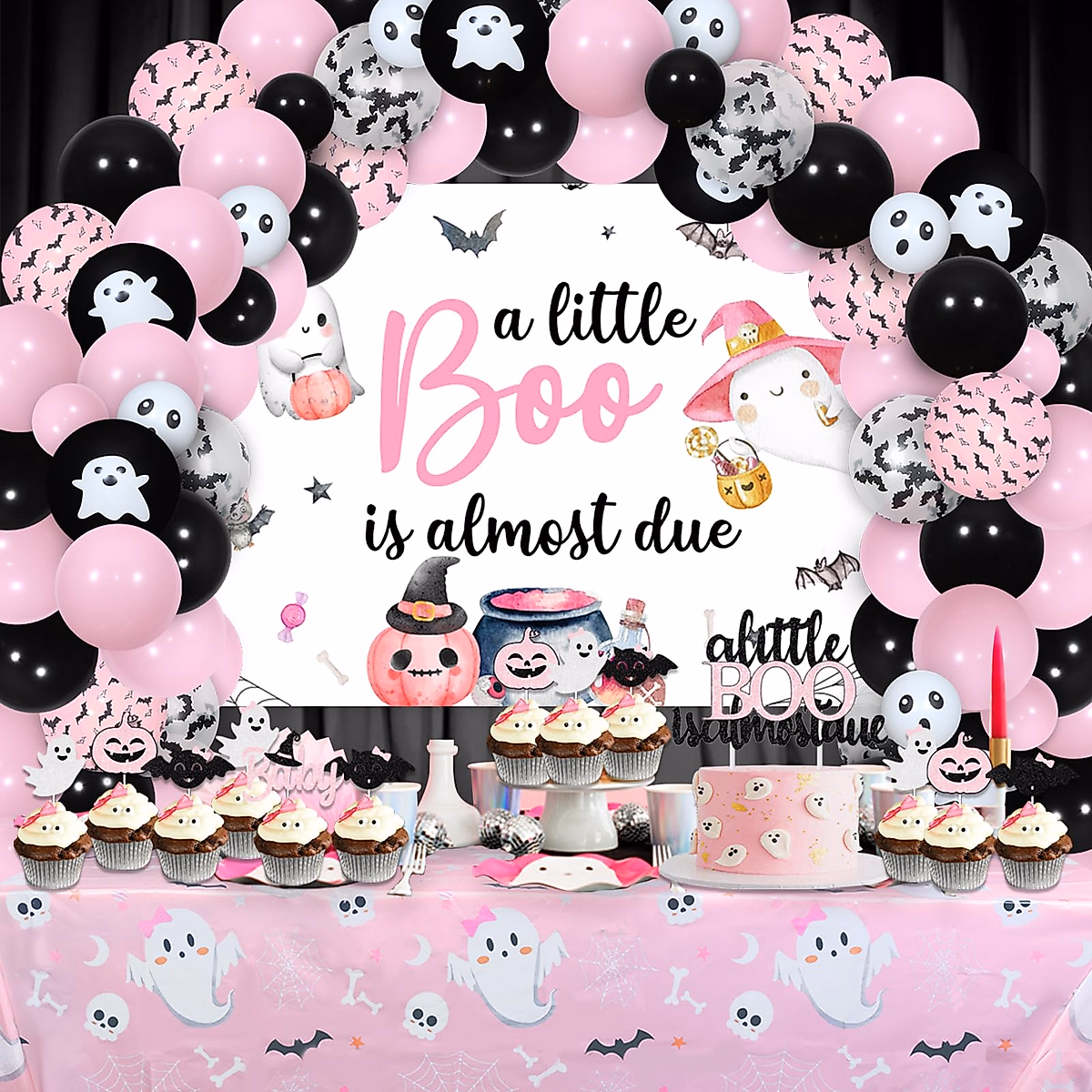 A Little Boo is Almost Due Halloween Baby Shower Decorations for Girl Pink and Black Balloon Garland Arch Kit Backdrop Tablecloths Cake Topper Bat Ghost Foil Balloons for Halloween Table Decorations