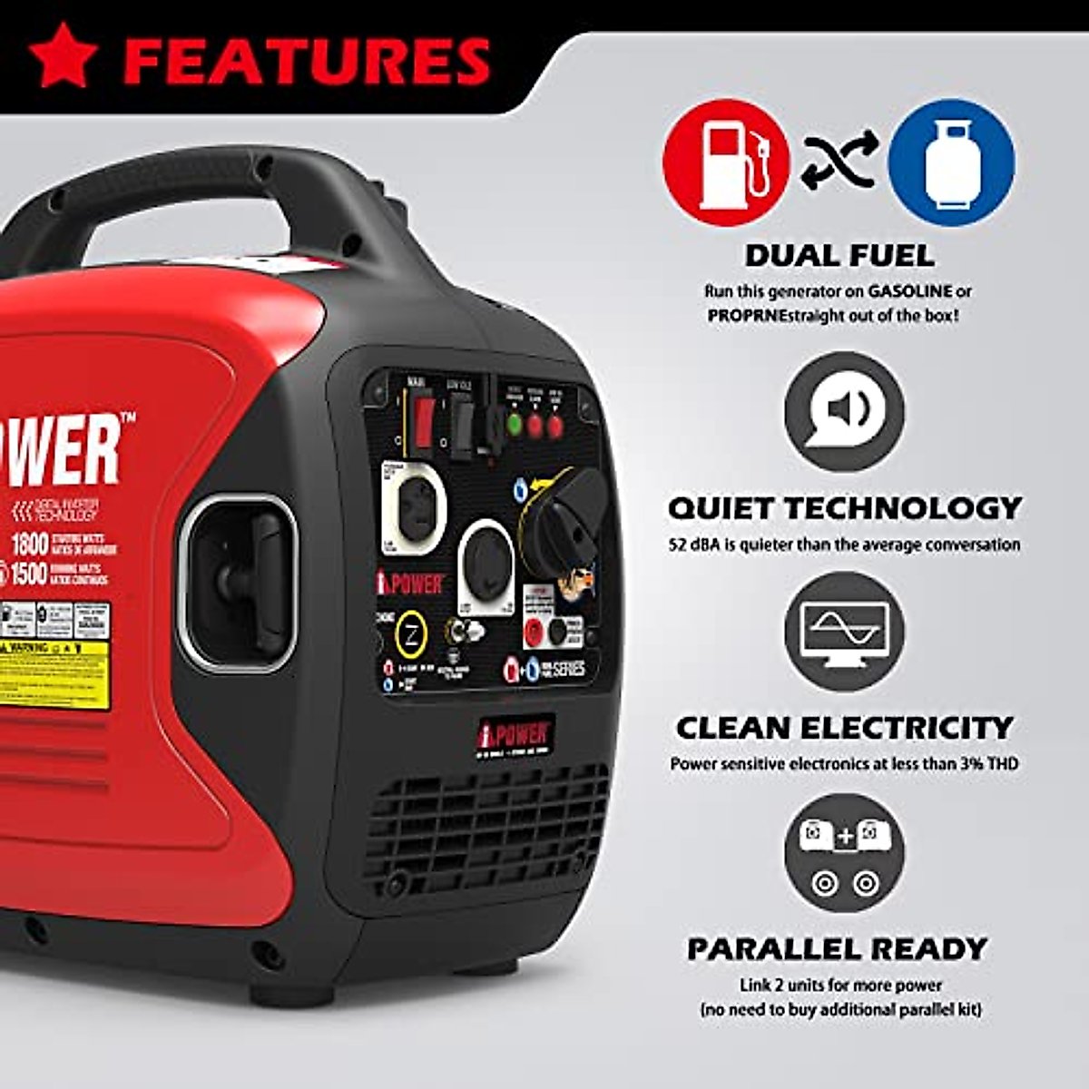 A-iPower SUA2000iD 2000 Watt Portable Inverter Generator Gas & Propane Powered, Small with Super Quiet Operation for Home, RV, or Emergency