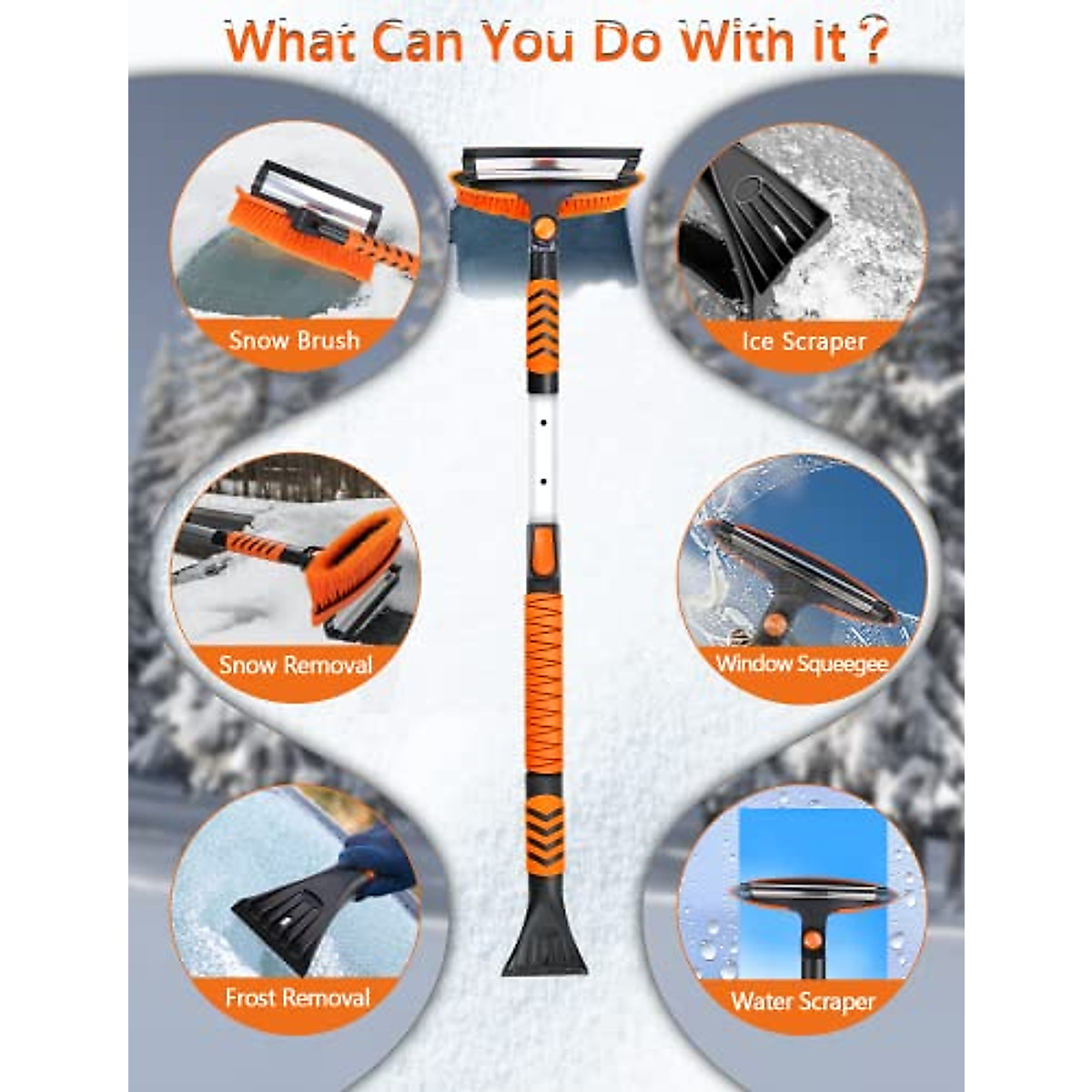 UHdod Ice Scraper and Snow Brush for Car SUV Trucks, 41” Extendable Snow Cleaning Brush for Car Windshield with Squeegee Telescoping Handle 180° Pivoting Brush Head Snow Scraper