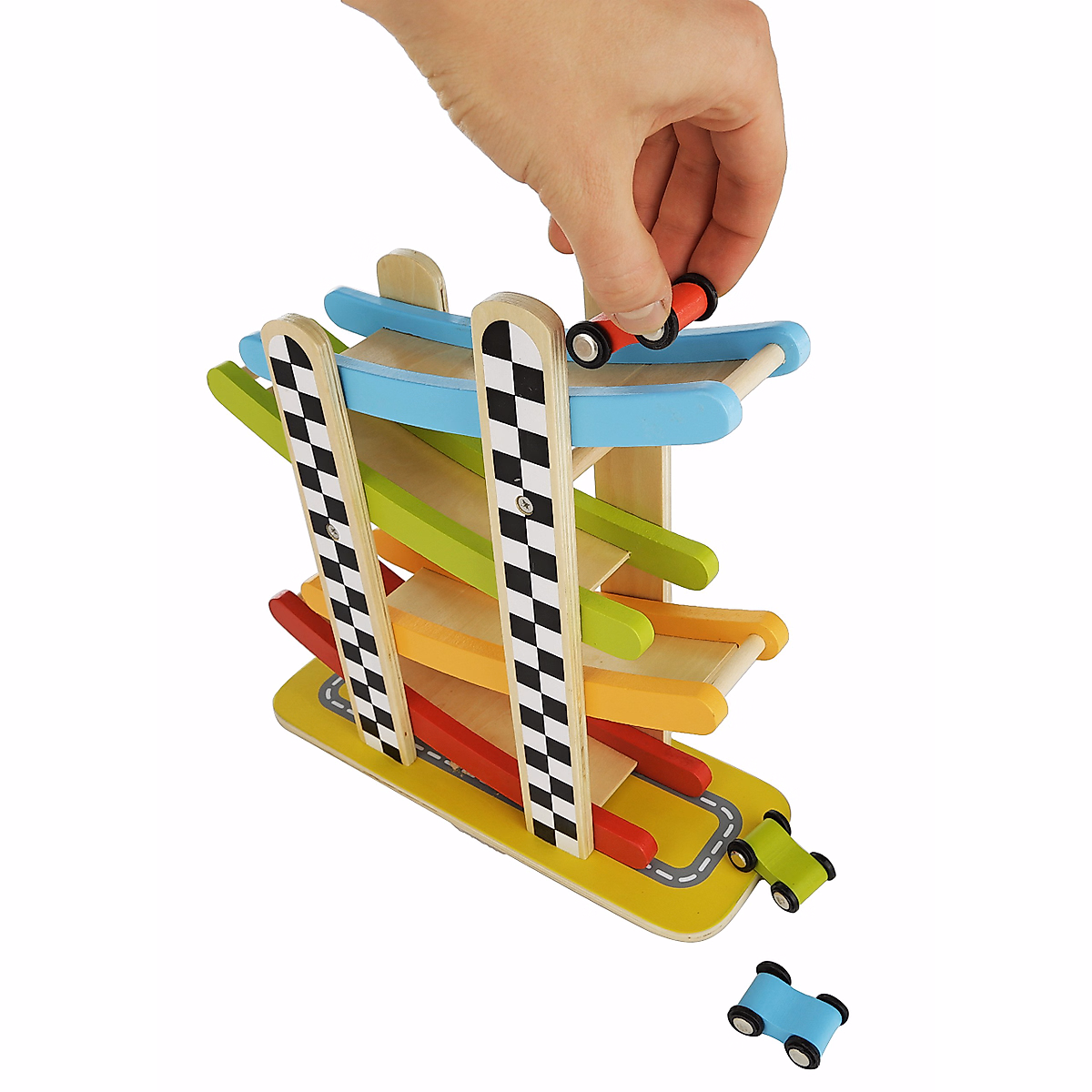 Colorful Wood Race Track Ramp with 4 Wooden Race Cars - Solid Wood Educational Baby Toy for Toddler Boys and Girls Age 18-24 Months, 2 Years and Up - Classic Early Development Vehicle Playset Toy