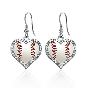 Inspired Silver - Baseball Charm Earrings for Women - Silver Open Heart Charm French Hook Drop Earrings with Cubic Zirconia Jewelry