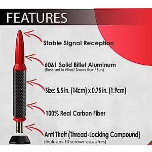 ICBEAMER 50 Cal Carbon Fiber Bullet Antenna Replacement [Color: Red], Universal Fit Truck Van Cars Made with 6061 Solid Aluminum & Anti Theft Anti Chip Design Universal Fit Good for AM/FM Radio
