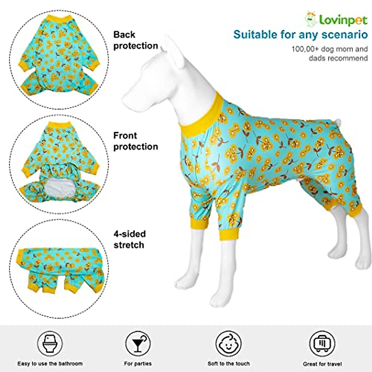 LovinPet Large Dog Pajamas Pitbull - Pet Anxiety Relief, Sun Protection Dog Pajamas, Comfy Stretchy Fabric, Mint Flower Print, Big Dog Post Surgery Recovery Shirt, Large Breed Apparel,Yellow XL