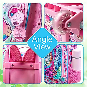 ZLYERT 3PCS Rolling Backpack for Girls, Unicorn Roller School Bag with Wheels for Kids, Wheeled Bookbag with Lunch Box for Children