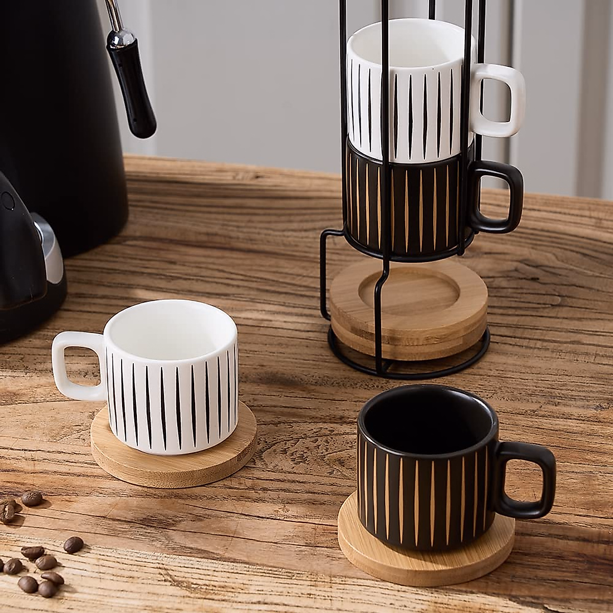 LUKA Porcelain Espresso Cup with Saucer and Metal Stand, 4 Ounce Stackable Ceramic Demitasse Espresso Mugs Cups Set for Latte, Specialty Coffee Drinks, Cafe Mocha,Tea - Set of 4, White & Black